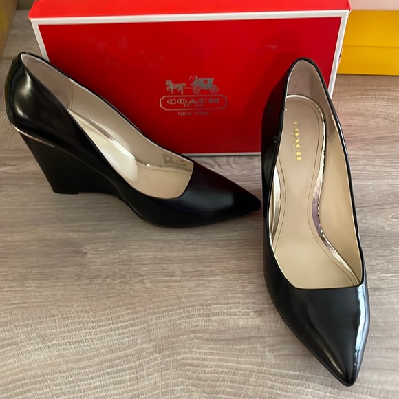 Coach | Shoes | Coach Black Patent Wedge Heel With Gold Detail | Poshmark